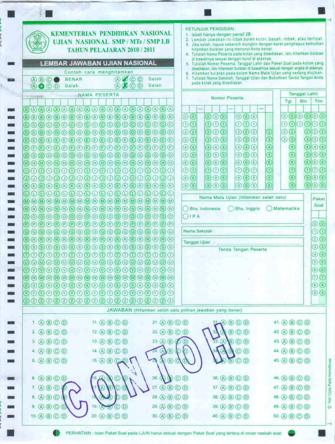 Contoh LJK UN untuk sosialisasi | SMP NEGERI 18 KOTA TASIKMALAYA